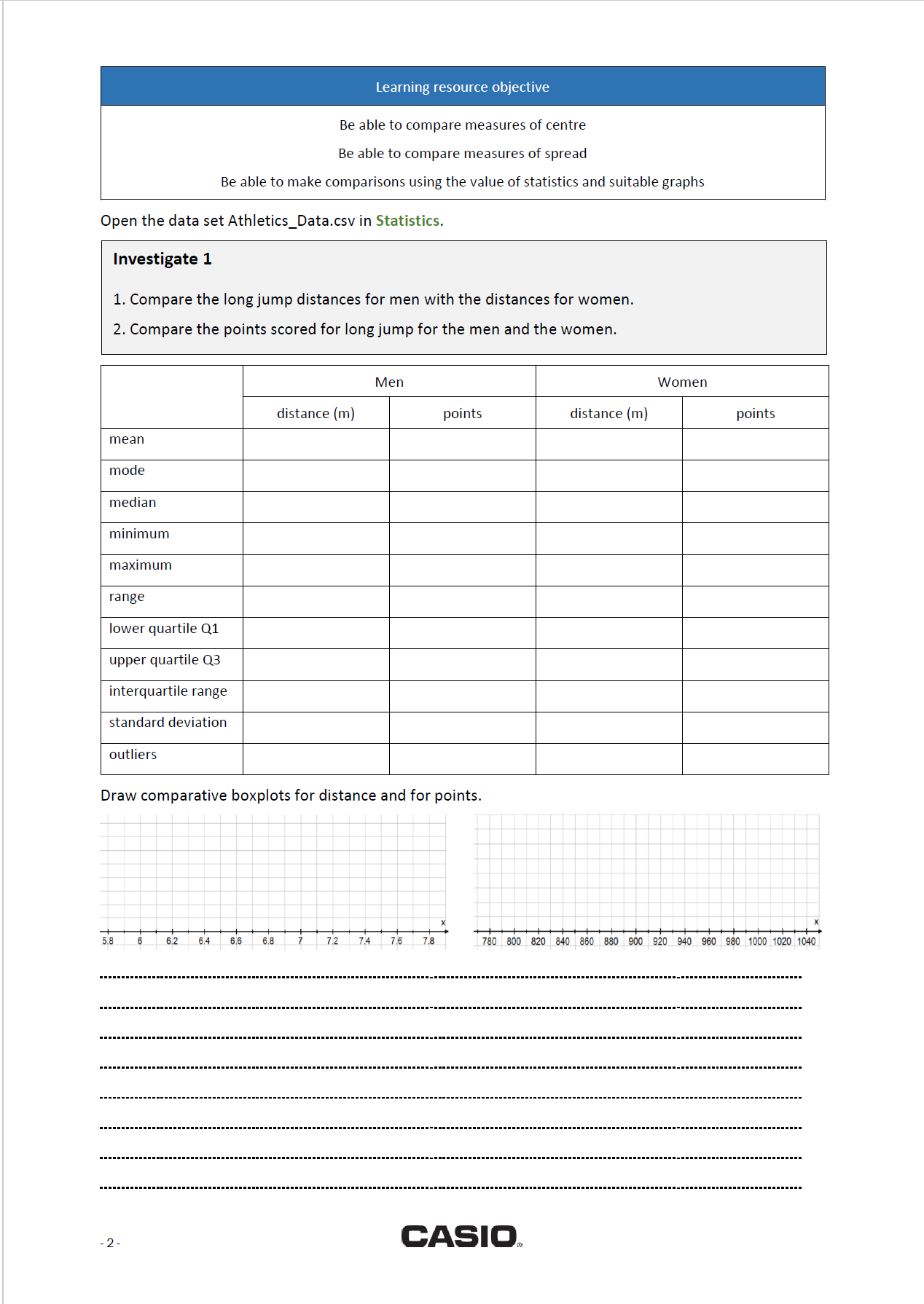 Comparing Data Sets Pack - Casio Calculators