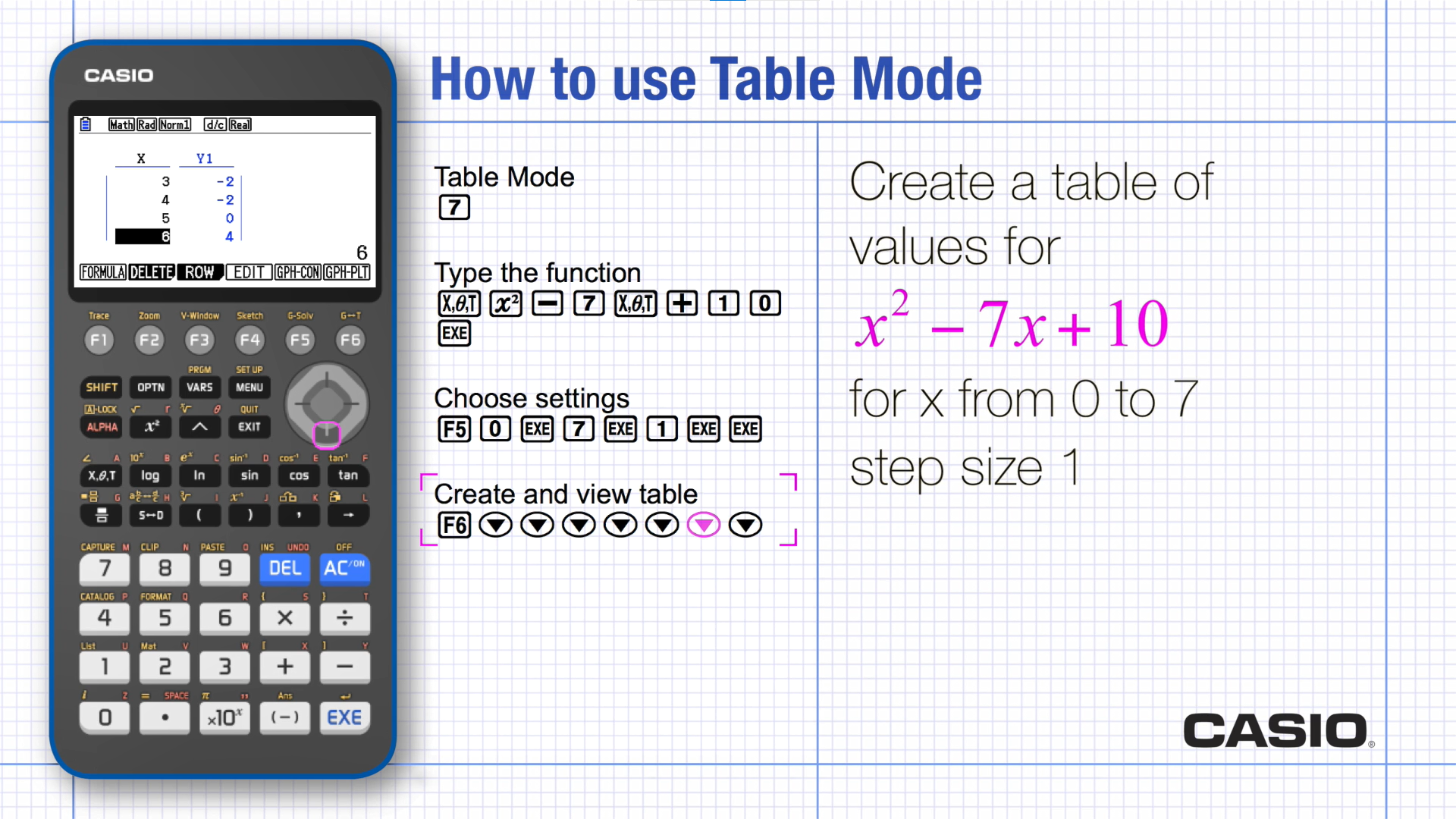 Table Calculating Values Casio Calculators